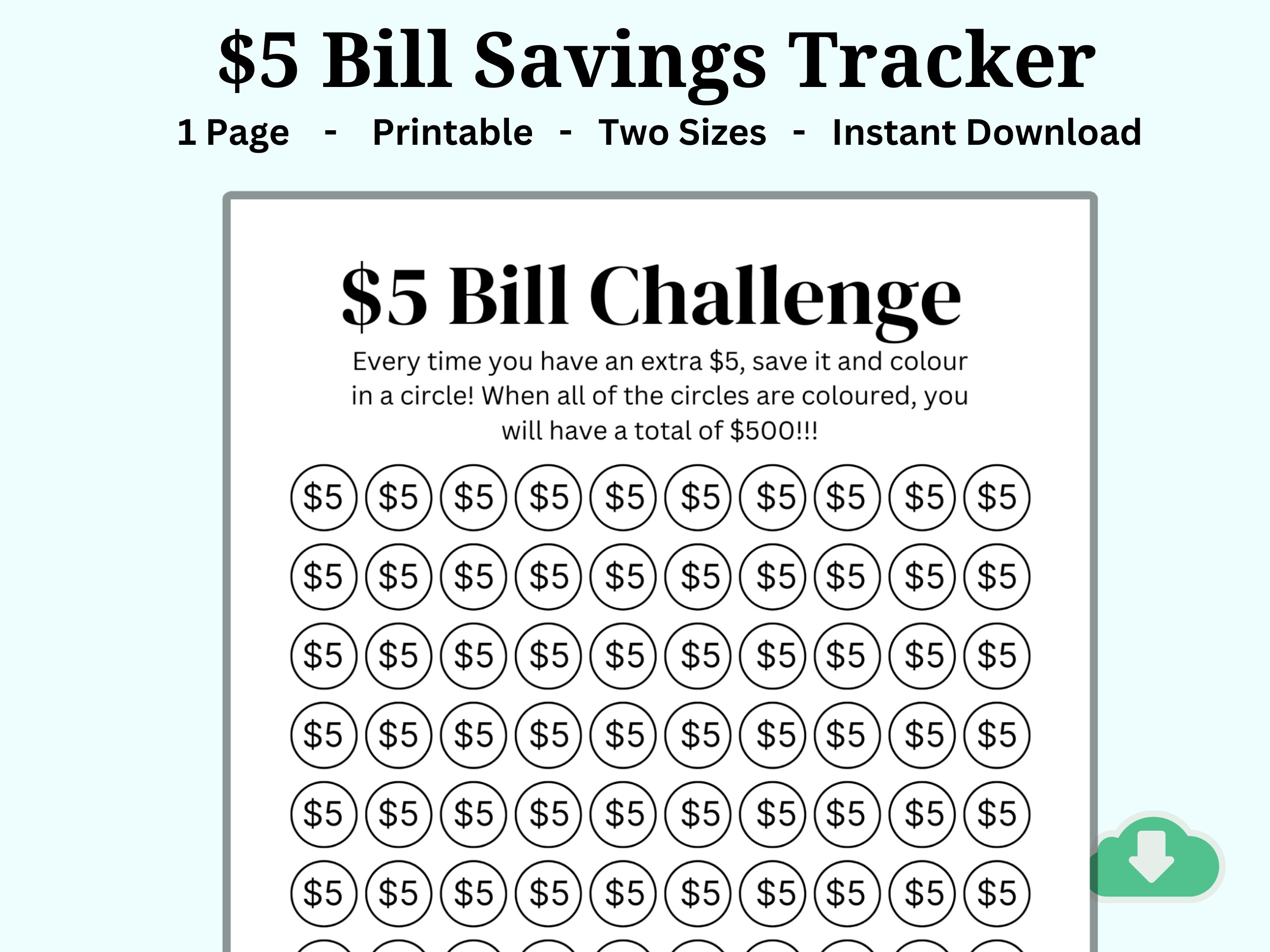 5 Dollar Bill Savings Tracker, Printable 5 Dollar Bill Challenge, Cash ...