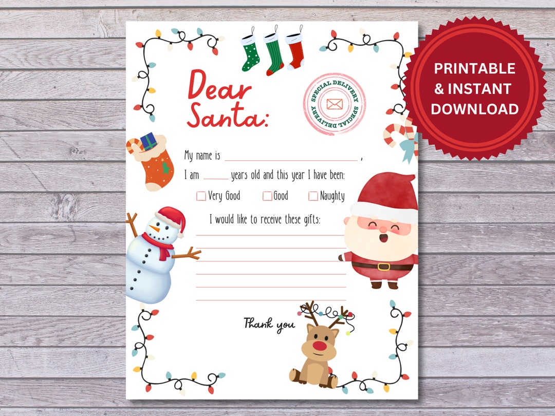 Letter to Santa, Dear Santa, Printable Letter to Santa, Christmas Wish ...