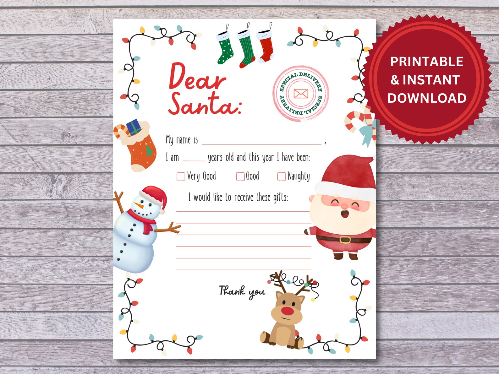 Letter to Santa, Dear Santa, Printable Letter to Santa, Christmas Wish ...