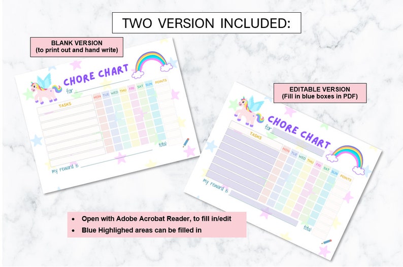 Editable Kids Chore Chart, Printable Unicorn Kids Daily Weekly ...