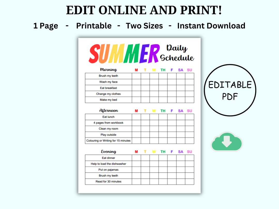 Editable and Printable Summer Checklist, Daily Summer Checklist Rules ...