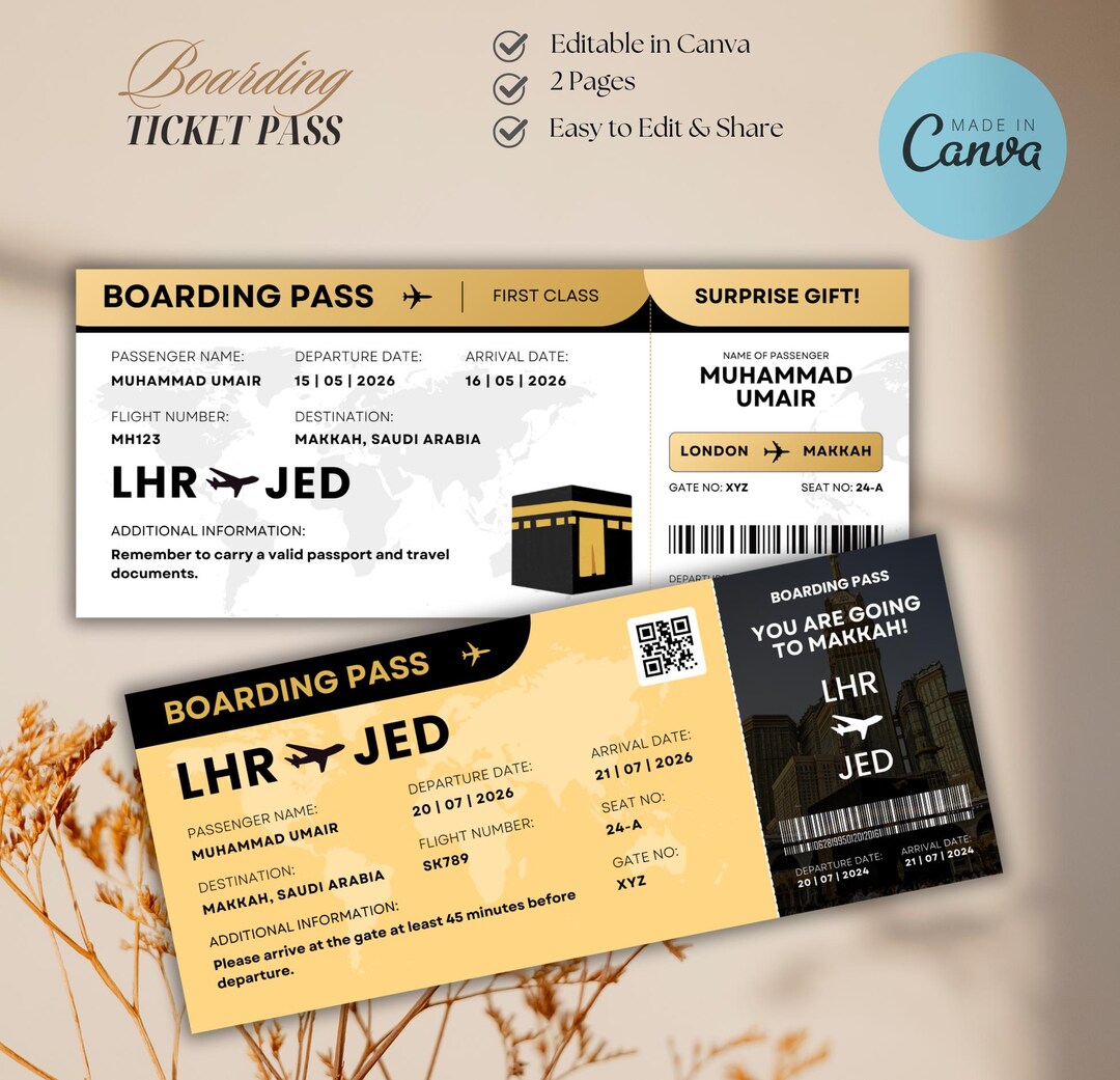 Makkah Travel Ticket Invitation | Editable Canva Template | Islamic ...