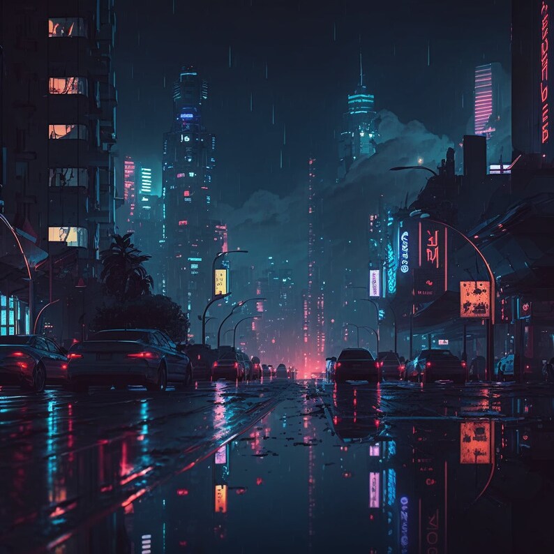 Cyberpunk City at Night While Drizzling - Etsy