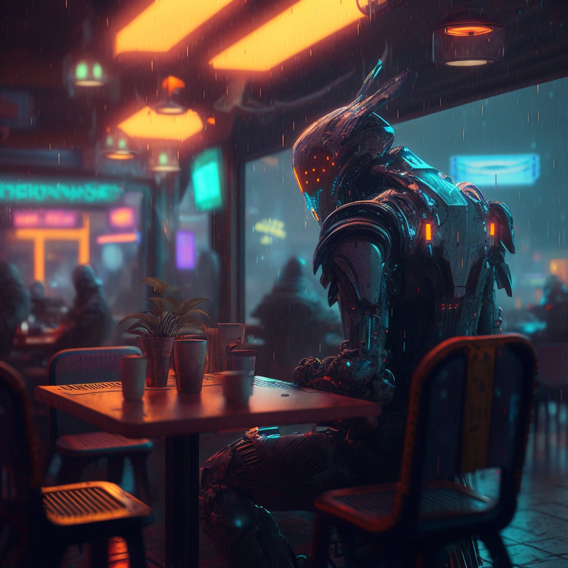 Cyberpunk Cafe Digital Art, Sci-fi Futuristic Robot at a Cafe - Etsy