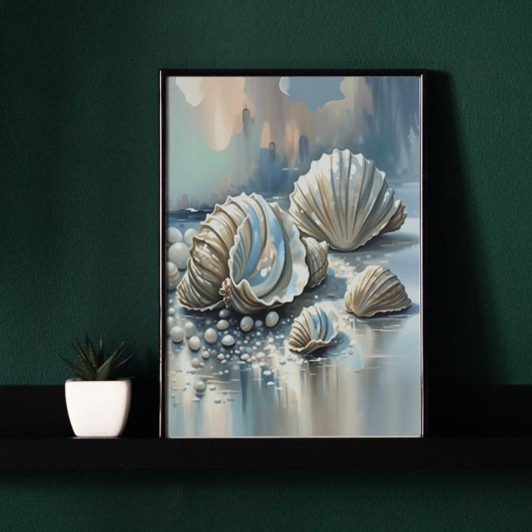 Oysters Wall Art, Shell Wall Art, Blue Shell Print Oil Painting, Oyster ...