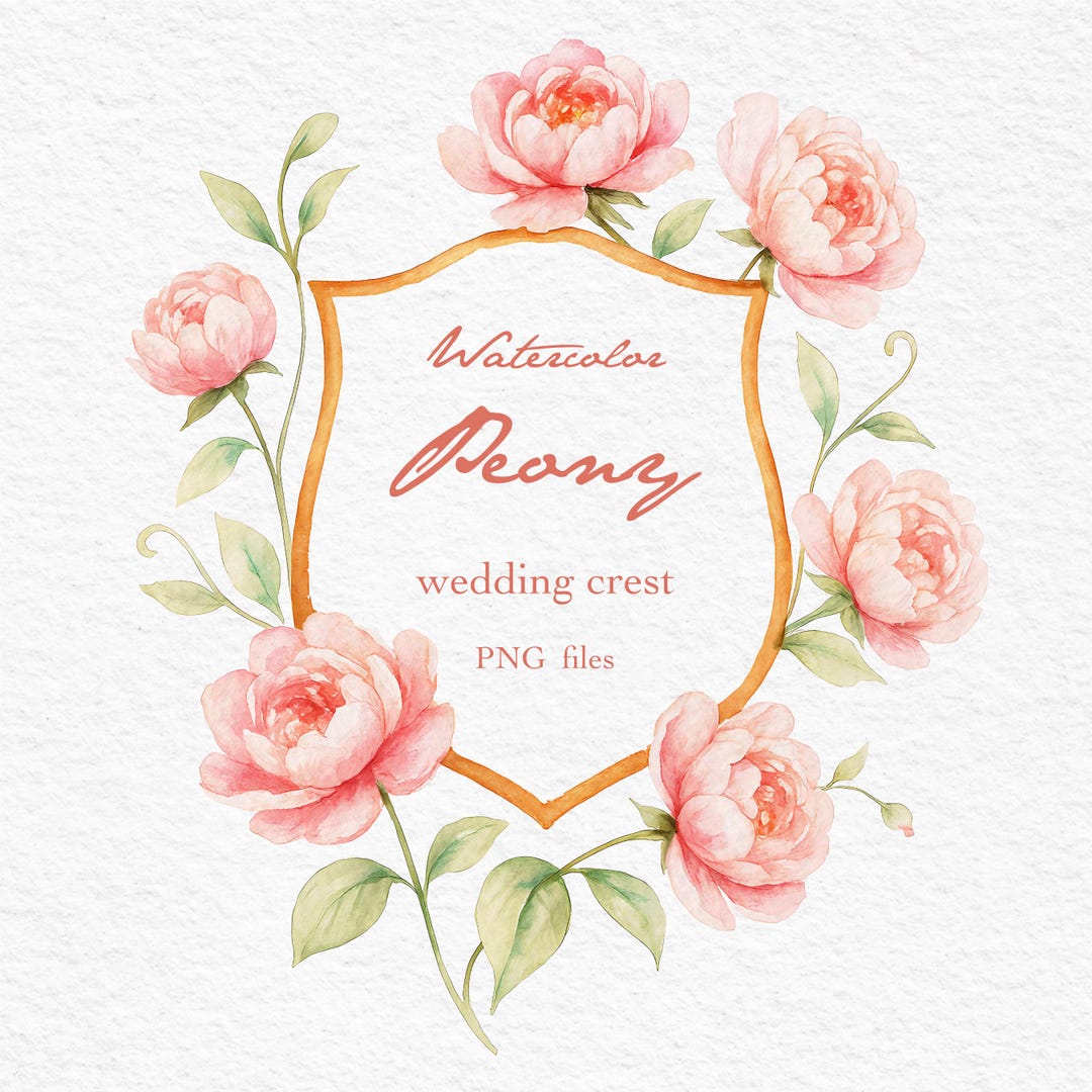 Watercolor Peony Wedding Crest PNG | Floral Monogram Frame for ...