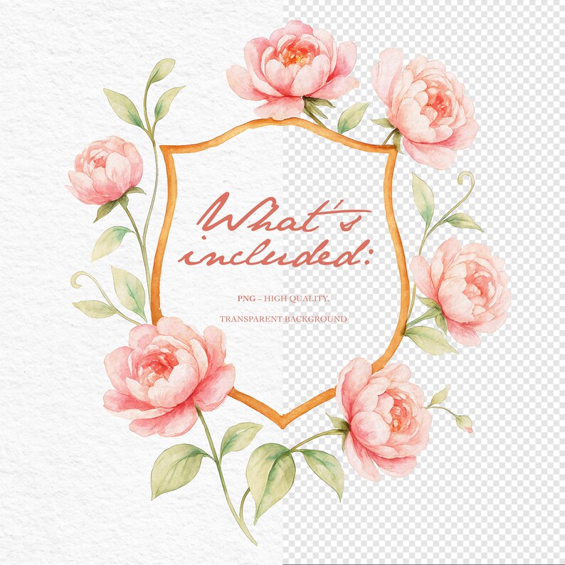Watercolor Peony Wedding Crest PNG | Floral Monogram Frame for ...
