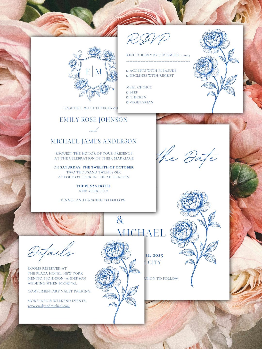 Editable Blue Wedding Invitation Template Set | Peony Flower | Floral ...