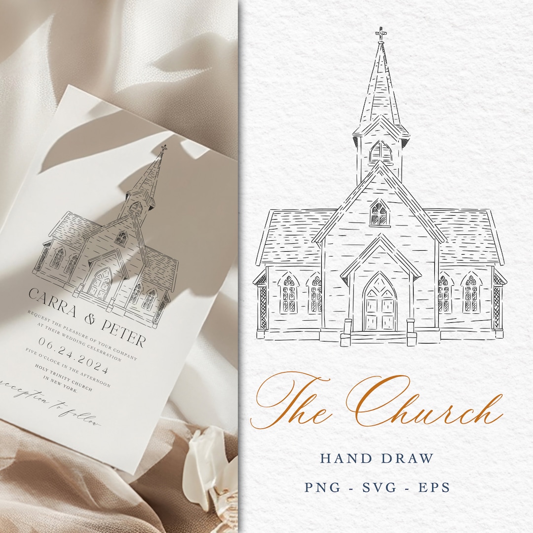 Hand Drawn Church, Drawing Wedding Invitation Chapel, Church Sketch ...