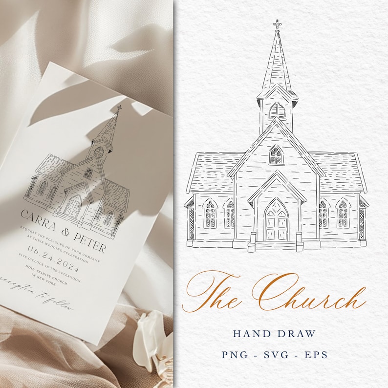 Hand Drawn Church, Drawing Wedding Invitation Chapel, Church Sketch ...