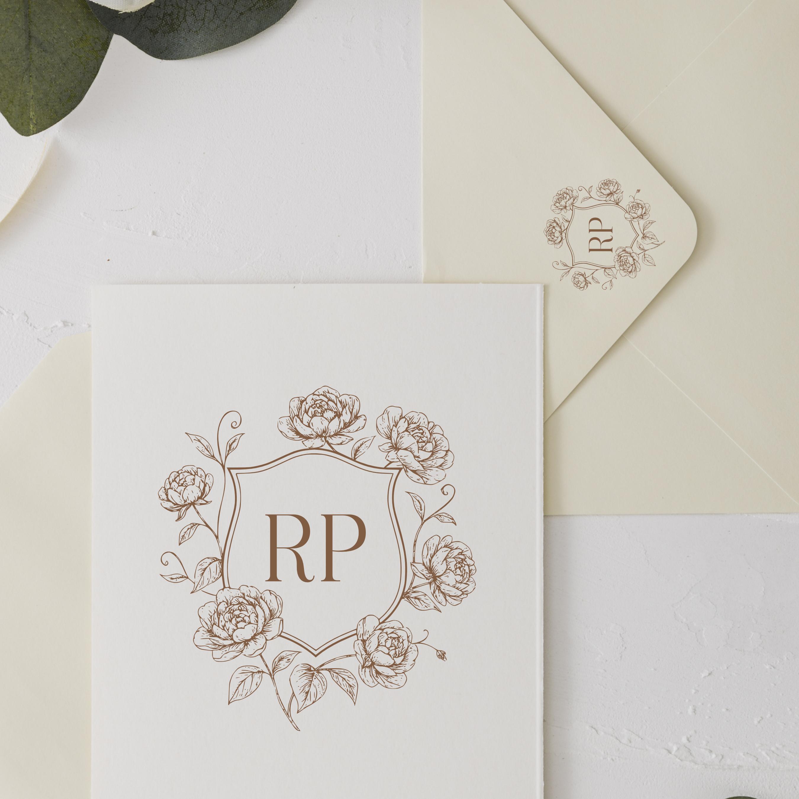 Peony Wedding Crest SVG – Editable Floral Monogram Frame Clipart | Hand ...