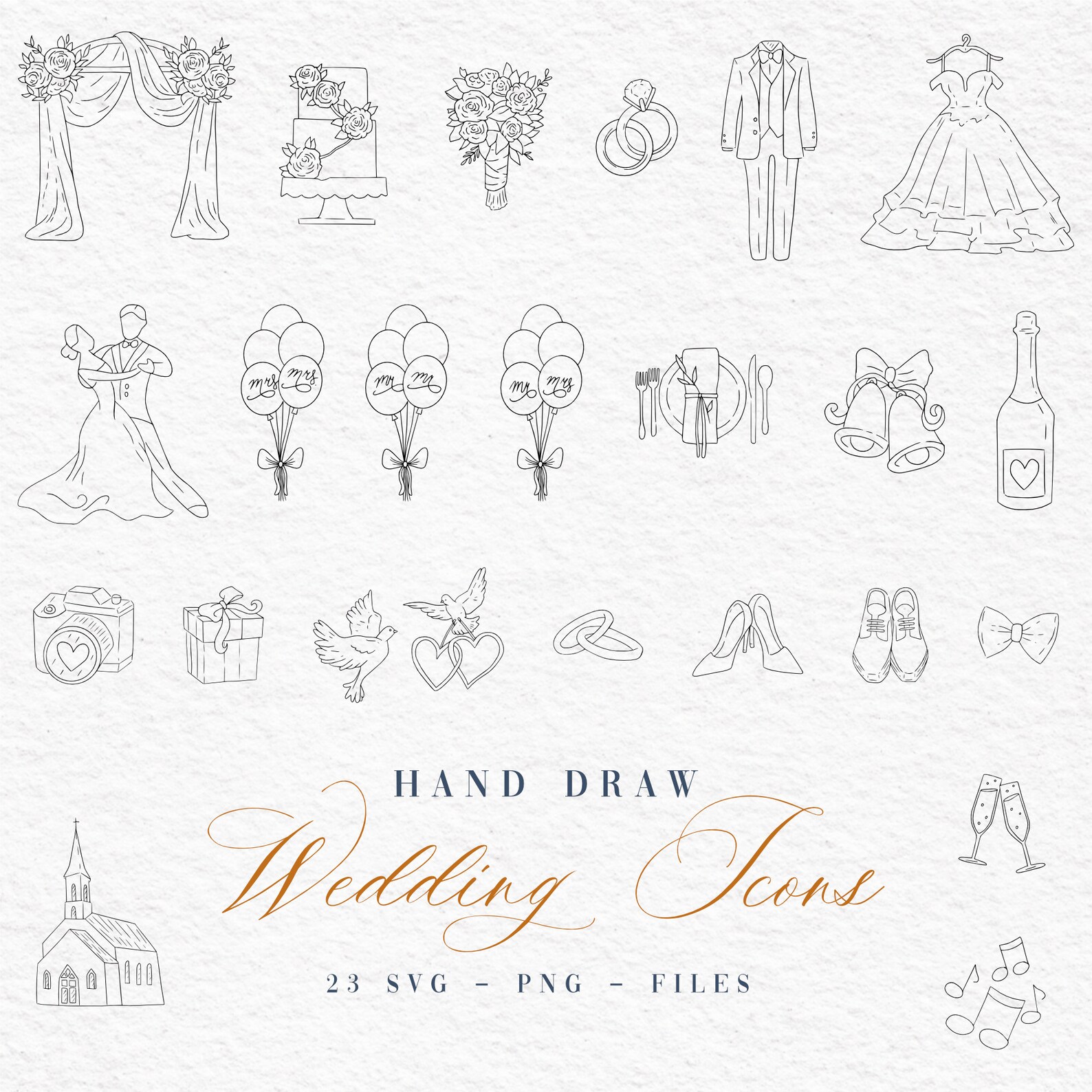 Hand Drawn Wedding Timeline Icons, Wedding Icon Graphics Bundle ...