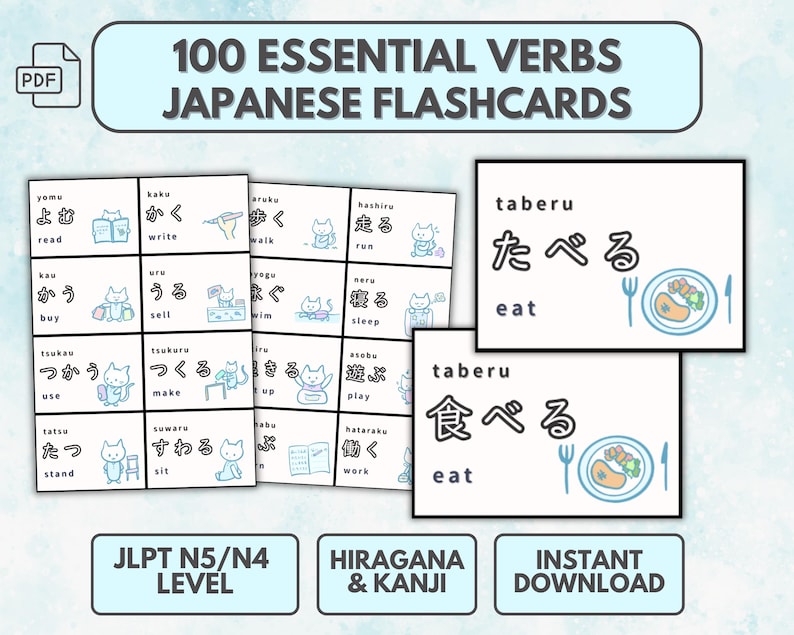 100 Most Used Japanese Verbs Turned Into Flashcards for JLPT N5 N4 ...