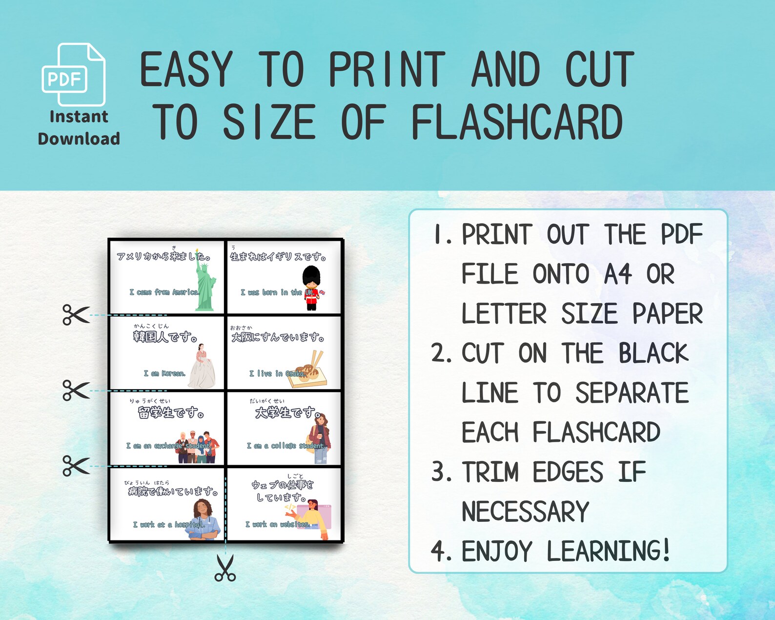 Self Introduction Phrases Flashcards in Japanese Basic Phrase Printable ...