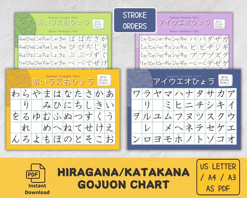 Hiragana Katakana Chart: Japanese Alphabet With Stroke Orders (PDF) - Etsy