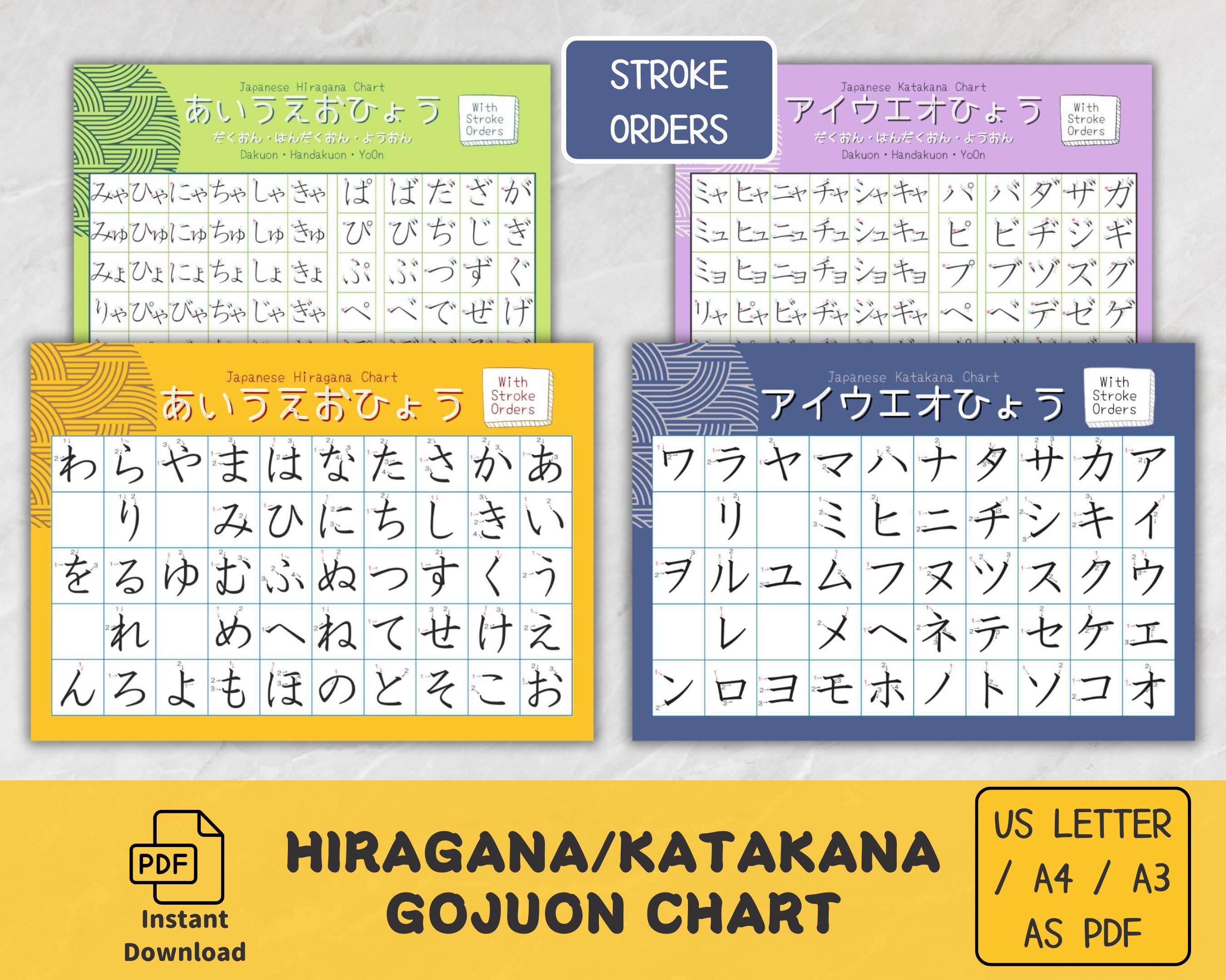 Hiragana & Katakana Alphabet Chart With Stroke Orders Printable ...