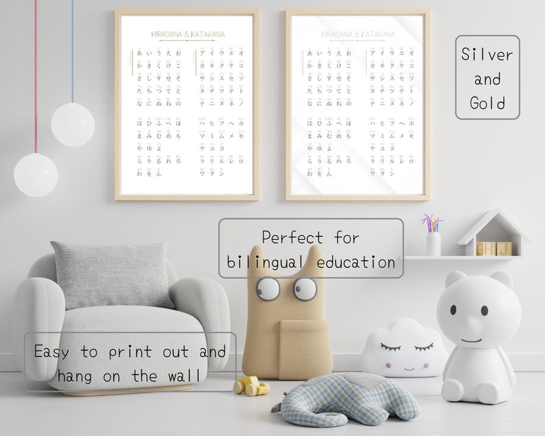 Classic Hiragana and Katakana Poster Minimalist Silver and Gold ...