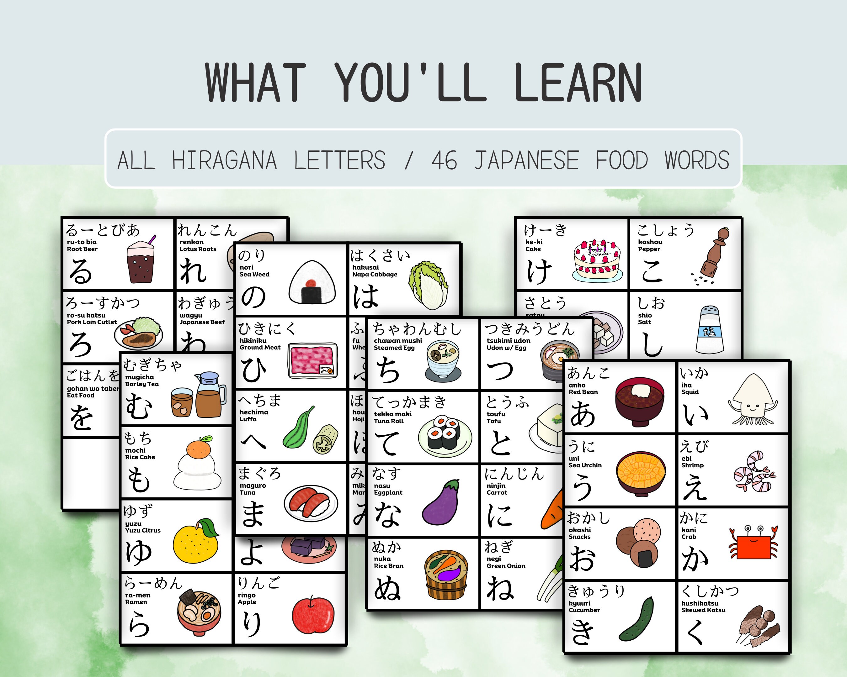 Japanese Worksheet Bundle Flashcards Hiragana With Japanese Food ...