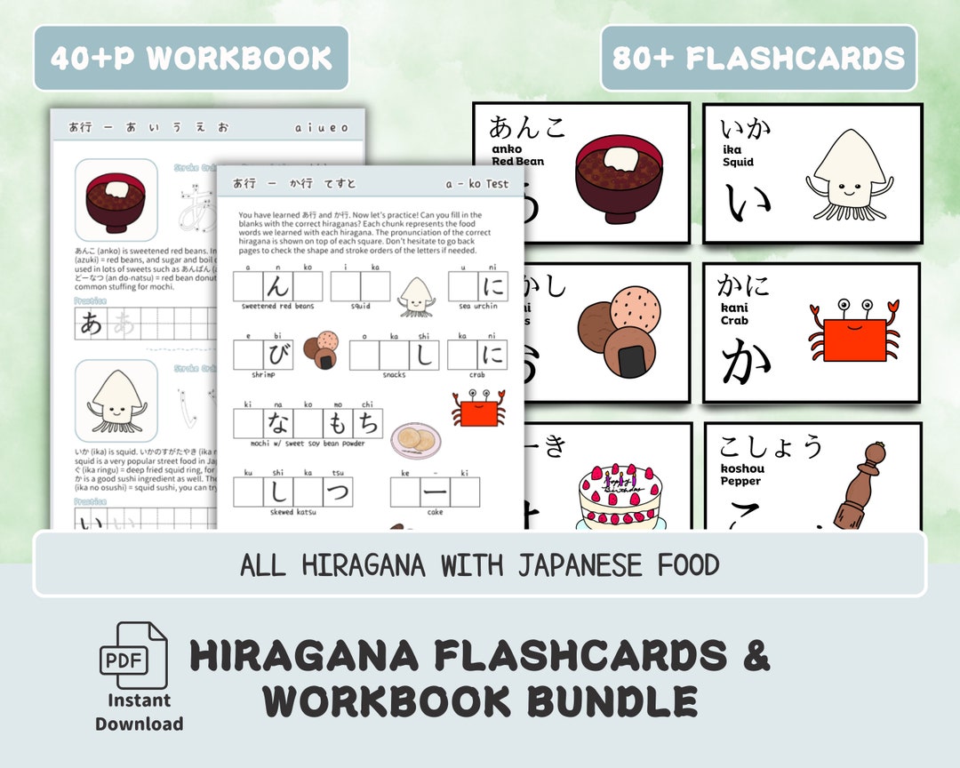 Japanese Worksheet Bundle Flashcards Hiragana With Japanese Food ...