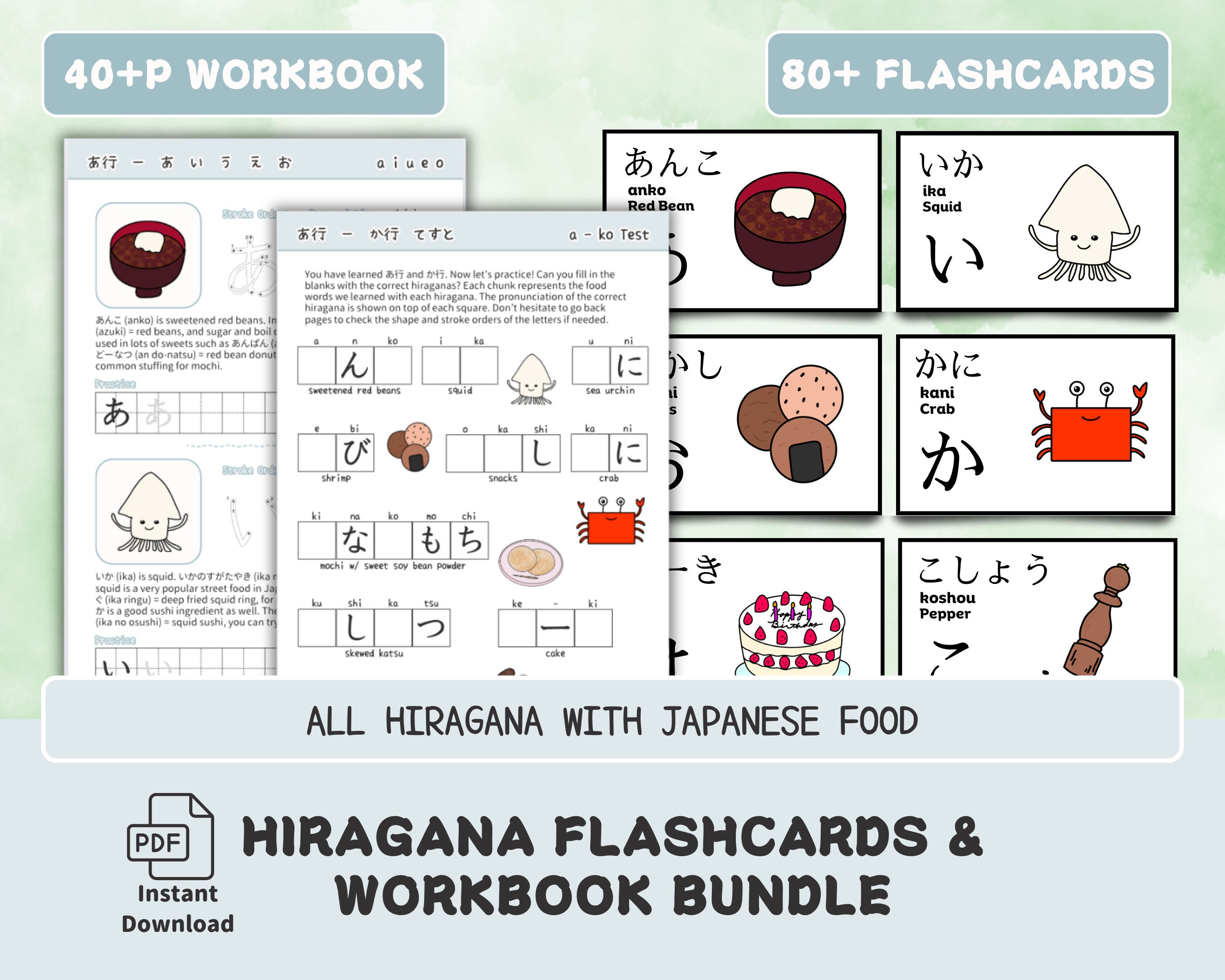 Japanese Worksheet Bundle Flashcards Hiragana With Japanese Food ...