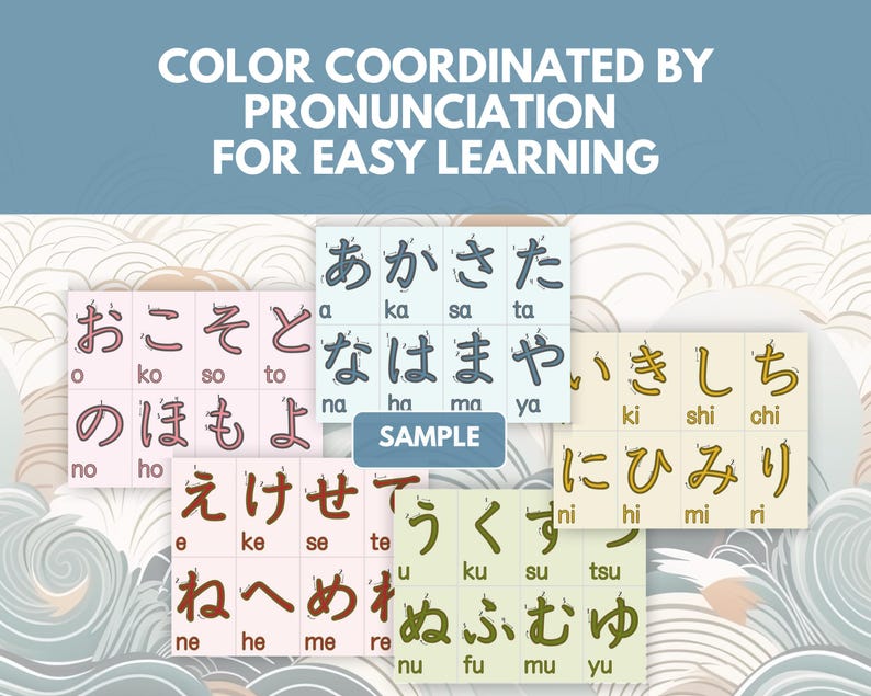 Hiragana Cards Color Coordinated Japanese Practice Flashcards With ...