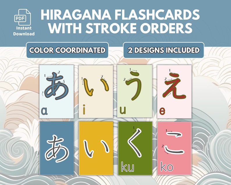 Hiragana Cards Color Coordinated Japanese Practice Flashcards With ...
