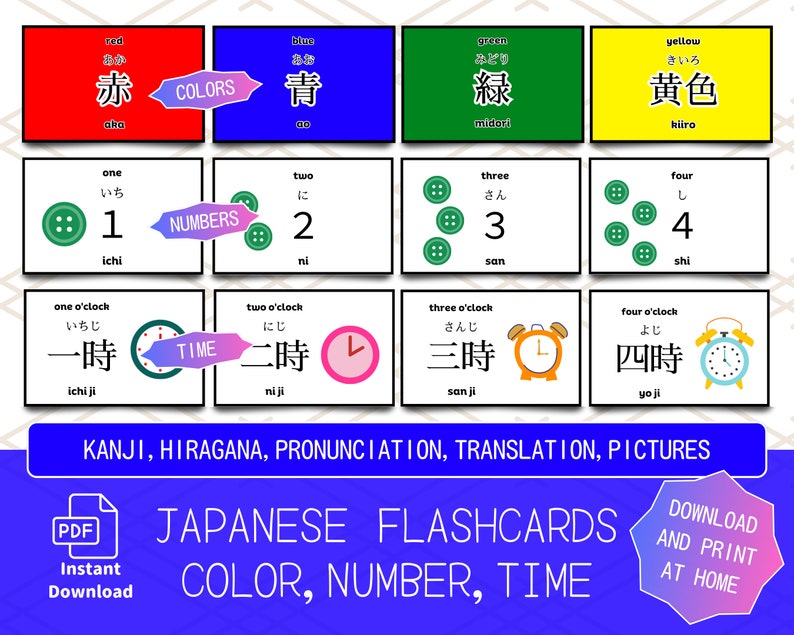 Japanese Flashcards Colors Numbers and Time of Day Basic Words With ...