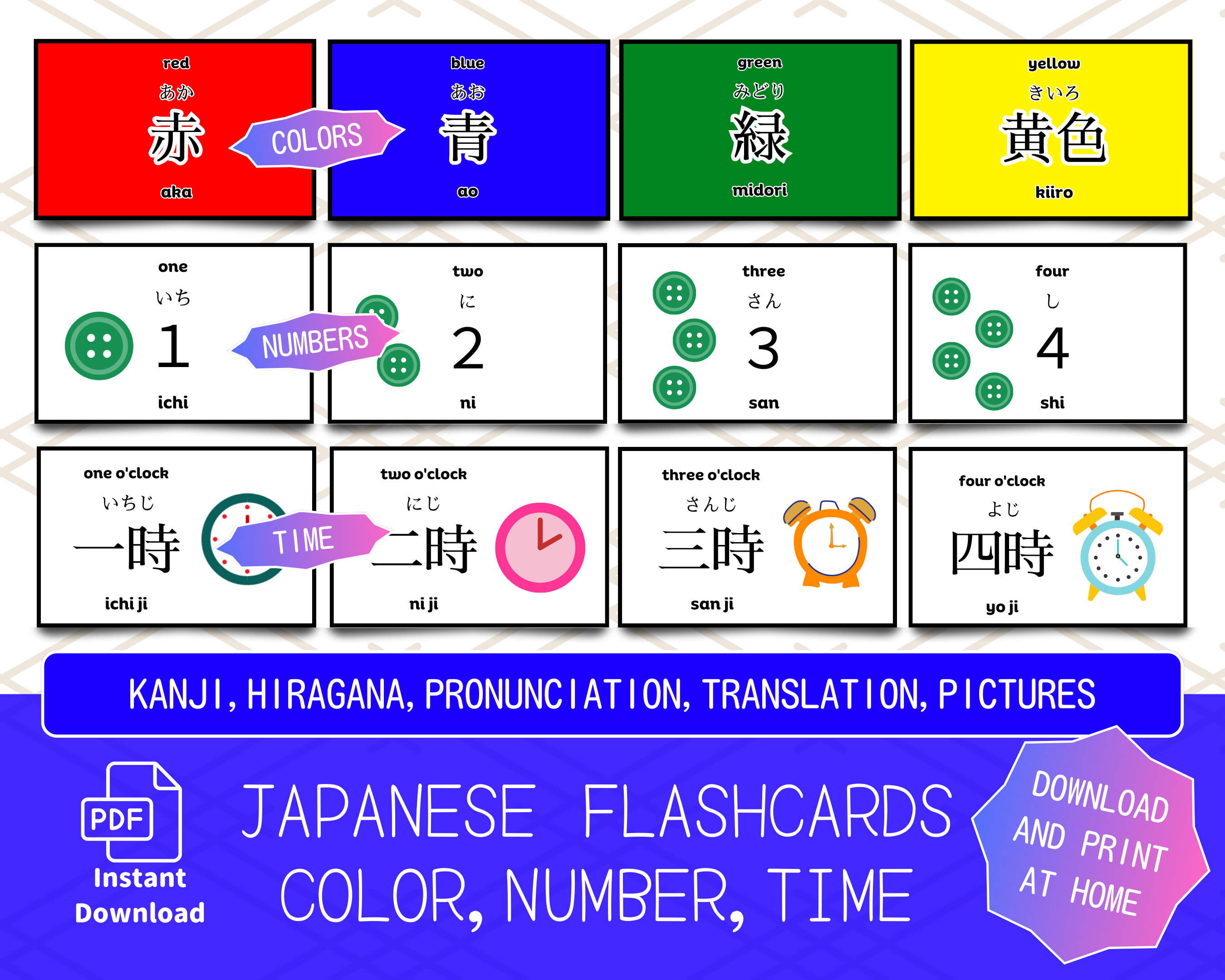 Japanese Flashcards Colors Numbers and Time of Day Basic Words With ...