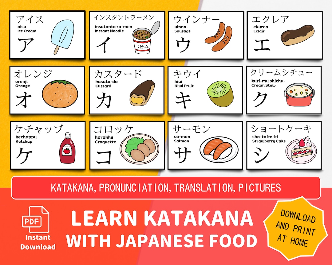Katakana Flashcards Learn Japanese Food With Pictures Perfect for ...