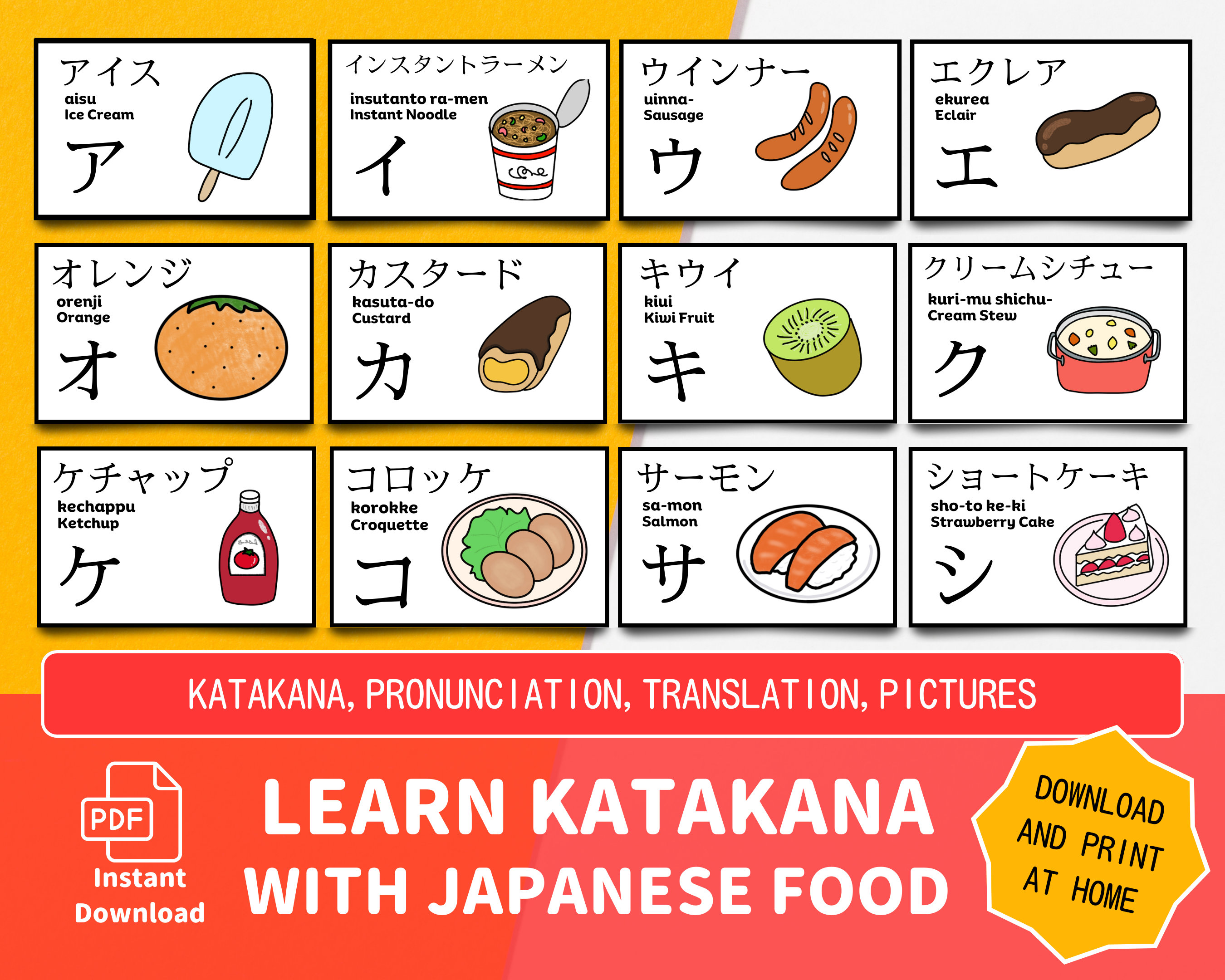 Katakana Flashcards Learn Japanese Food With Pictures Perfect for ...