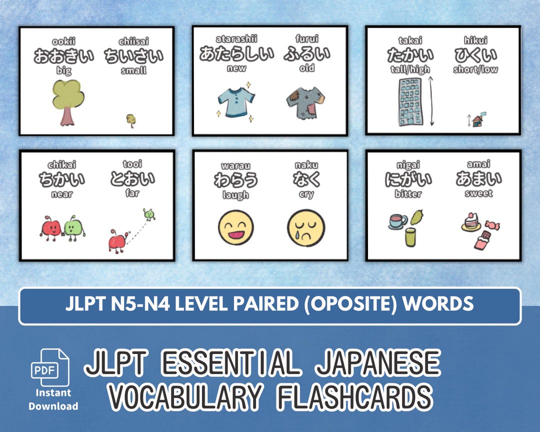 Japanese Opposite Words Flashcards: JLPT N5-N4 Vocabulary (digital ...