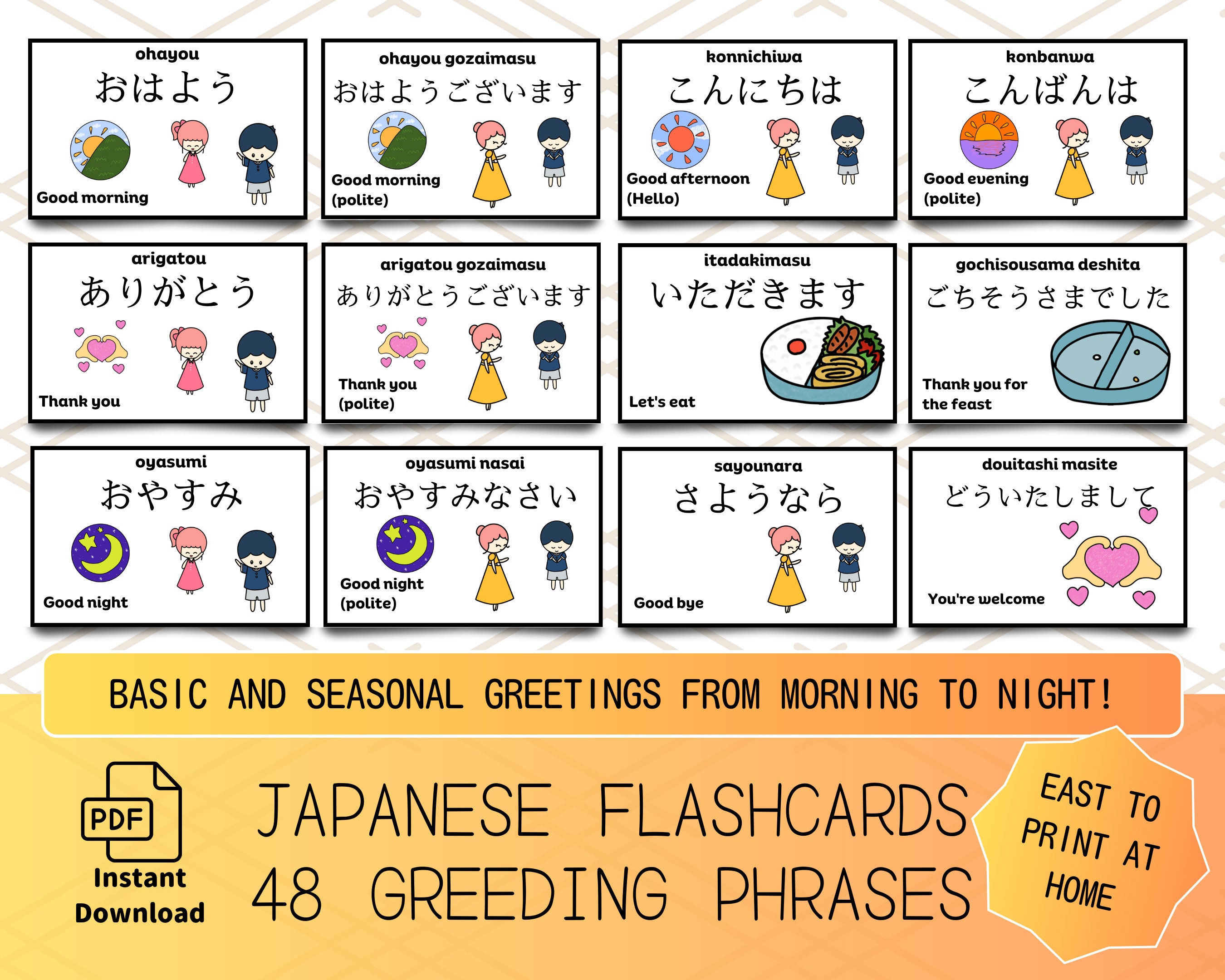 Japanese Greeting Flashcards Basic and Seasonal Greetings With Pictures ...