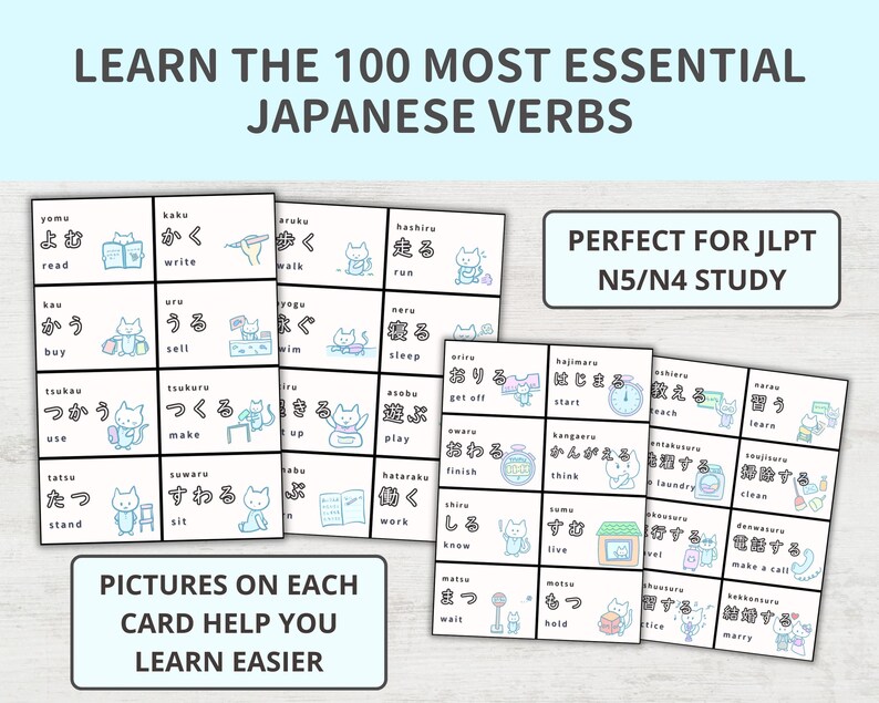 100 Most Used Japanese Verbs Turned Into Flashcards for JLPT N5 N4 ...