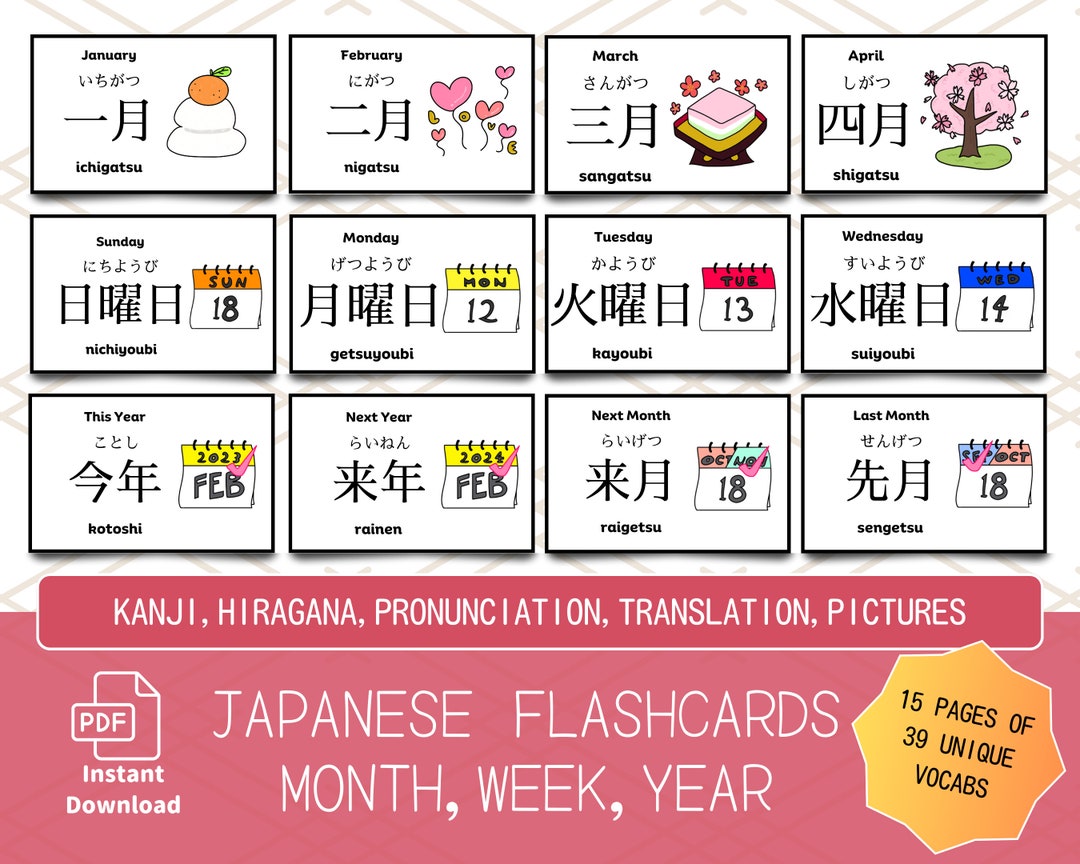 Japanese Flashcards for Month Week Year Basic Vocabulary With Pictures Perfect for Kanji and ...