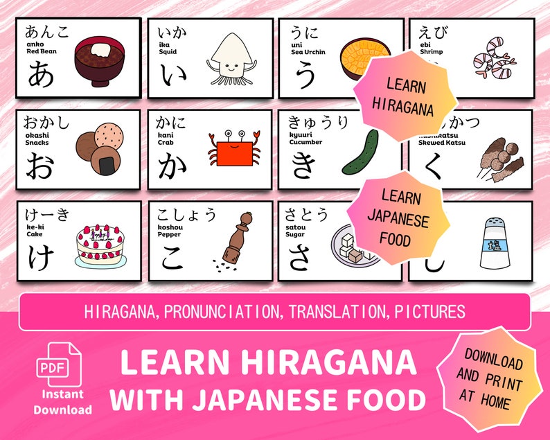 Hiragana Flashcards for Bilinguals Learn Japanese Food With Pictures ...