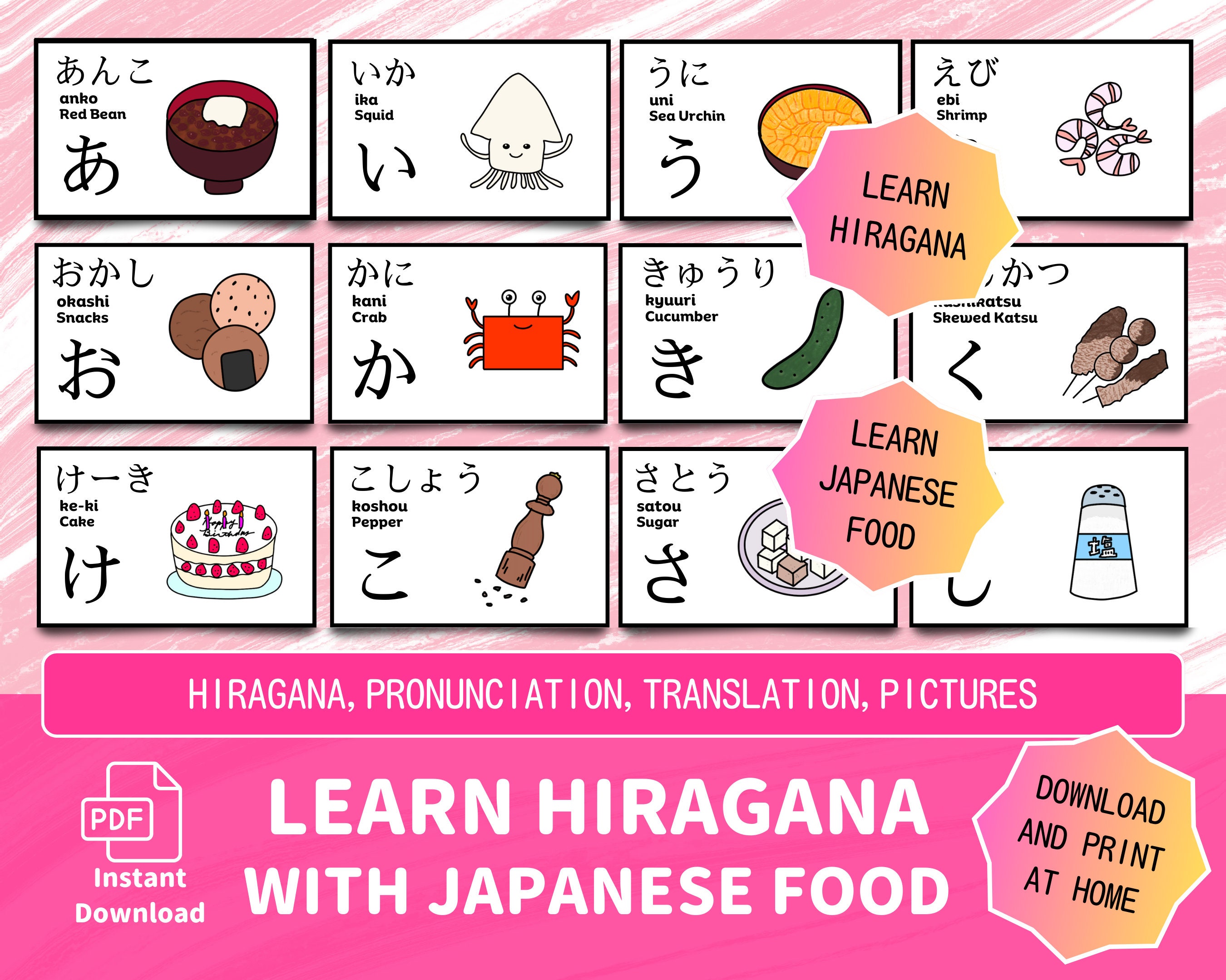 Hiragana Flashcards for Bilinguals Learn Japanese Food With Pictures ...