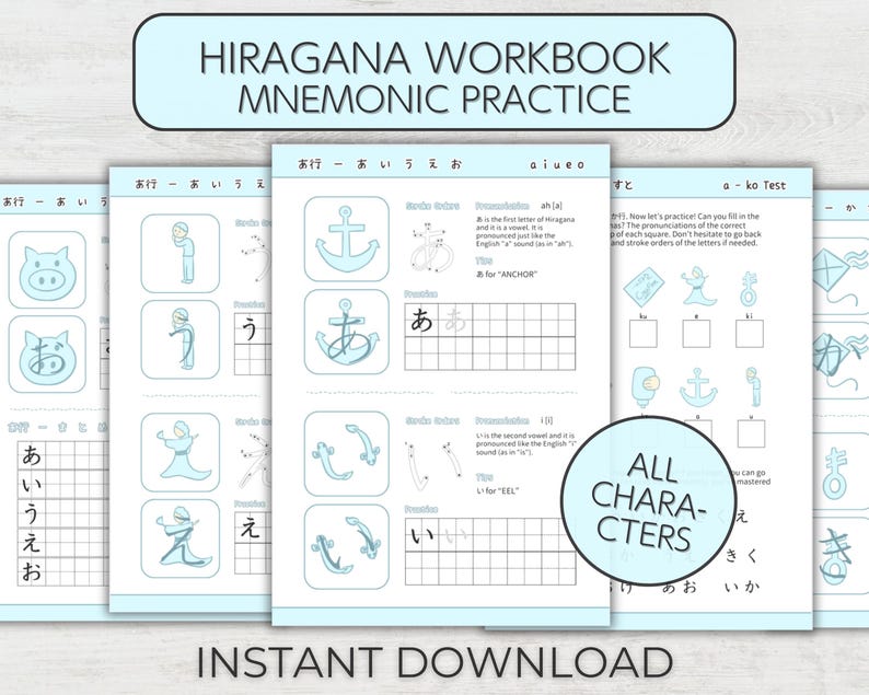 Hiragana Workbook With Mnemonic Japanese Montessori Worksheet Bilingual ...
