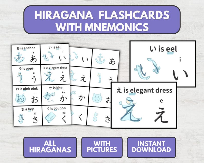 Hiragana Flashcards With Mnemonic Japanese Montessori Flashcard ...
