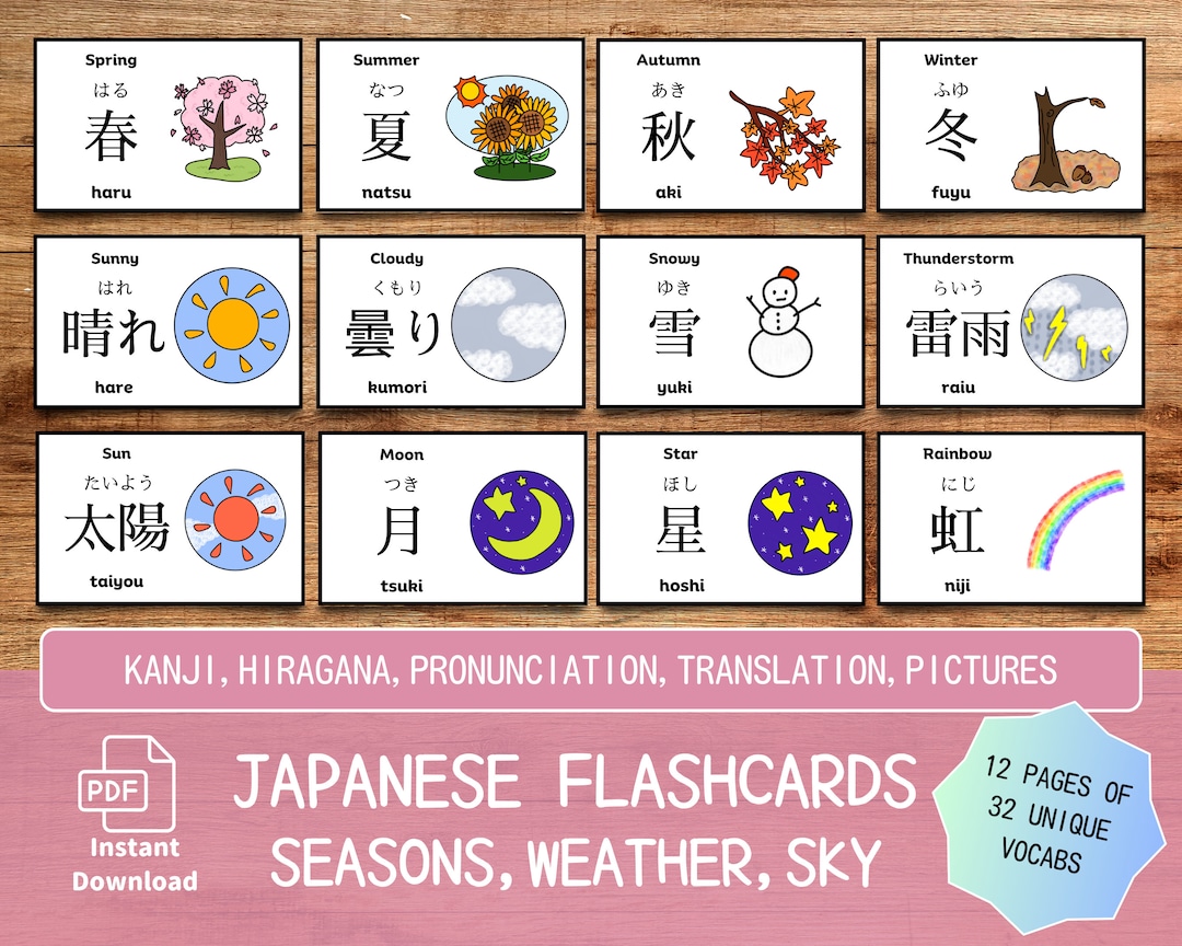 Flashcards for Basic Japanese Words for Seasons and Weather Related ...