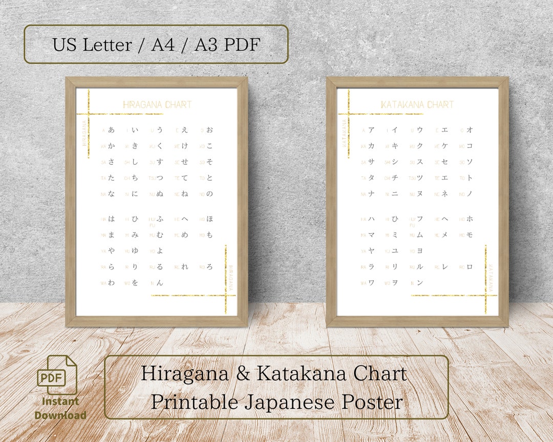 Hiragana Katakana Alphabet Chart Classic White Gold Printable Japanese ...