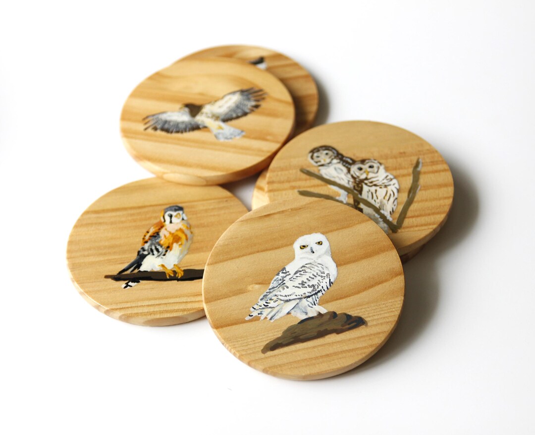 Custom Hand-painted Raptor Coaster Set: Rustic Wood Bird Coasters - Etsy