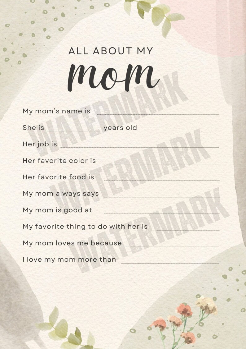 Mother's Day Printable All About My Mom Printable Mother's Day ...