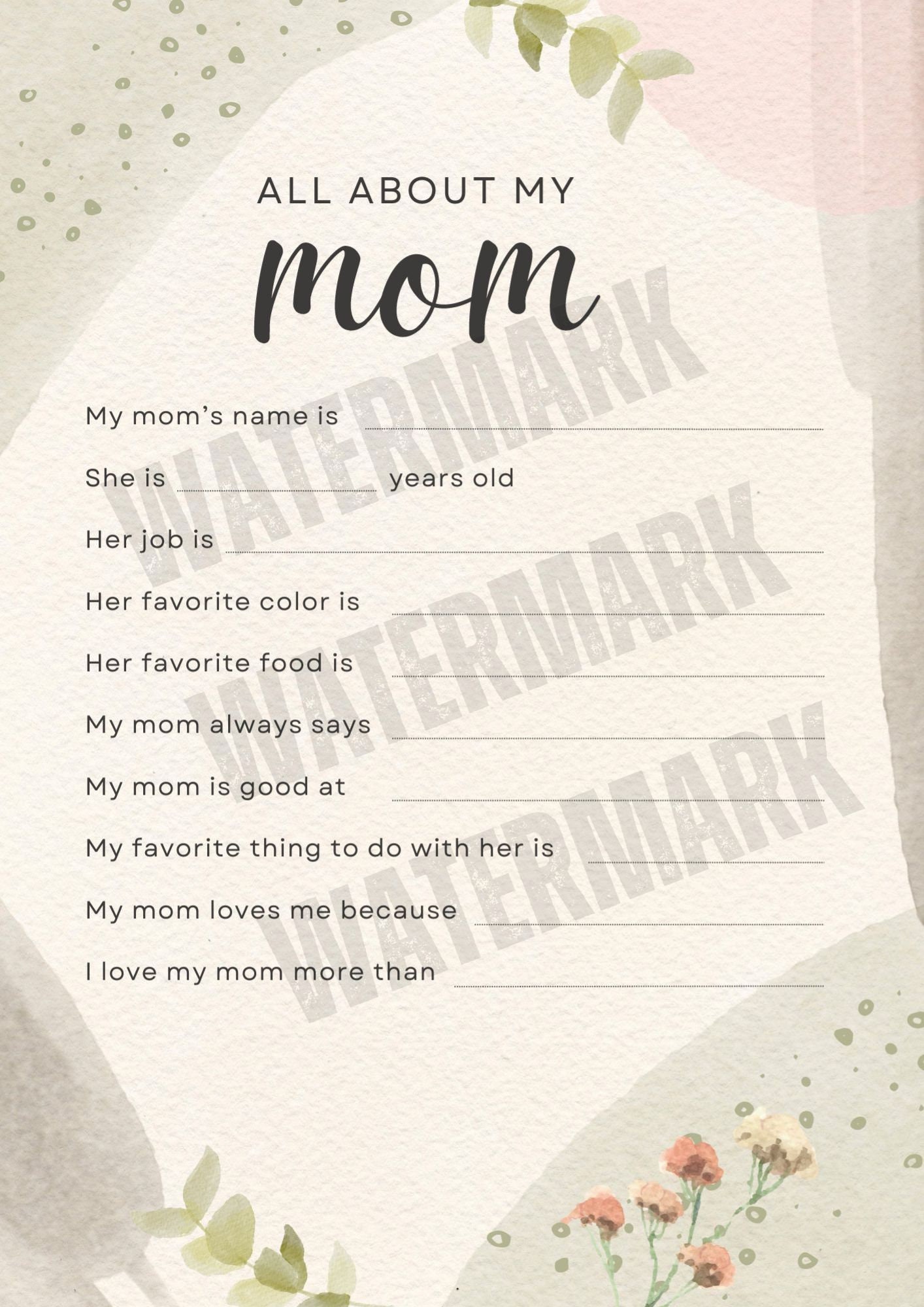 Mother's Day Printable All About My Mom Printable Mother's Day ...