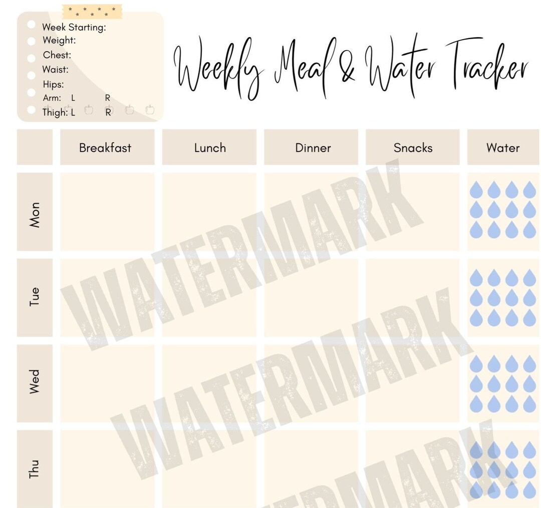 Printable Weekly Diet Tracker, Weekly Diet Planner, Water and Food ...