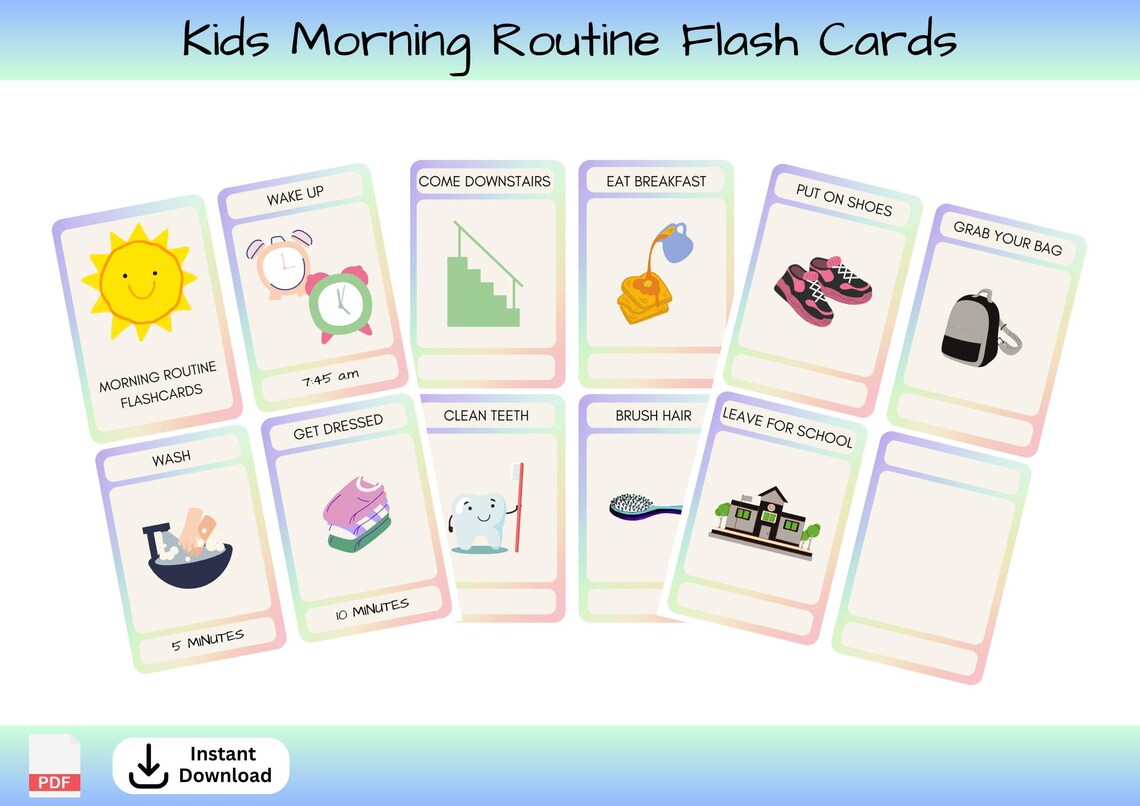 Printable Back to School Morning Routine Flash Cards Kids Flash Cards ...