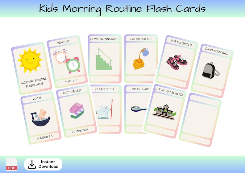 Printable Back to School Morning Routine Flash Cards Kids Flash Cards ...