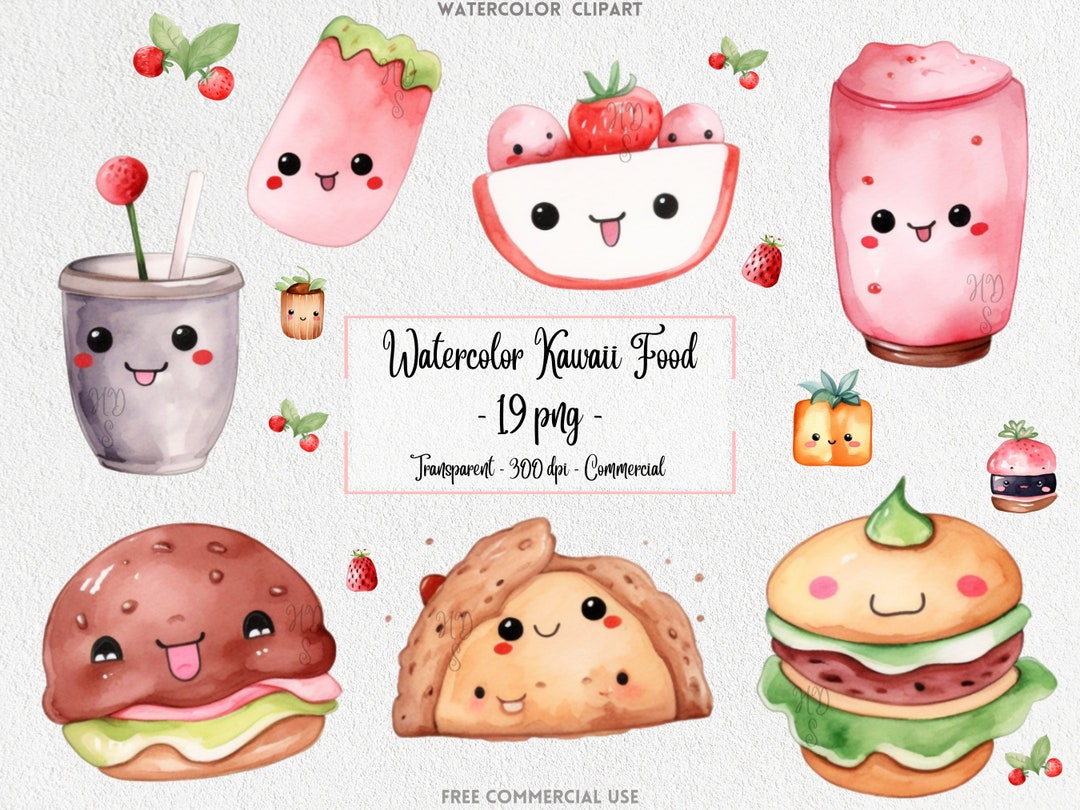 Watercolor Kawaii Food Clipart Pack - 19 PNG - Kawaii Food Clipart ...