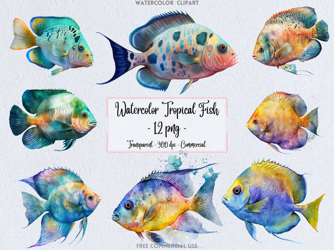 Watercolor Tropical Fish Clipart Pack - 12 PNG - Tropical Fish Clipart ...