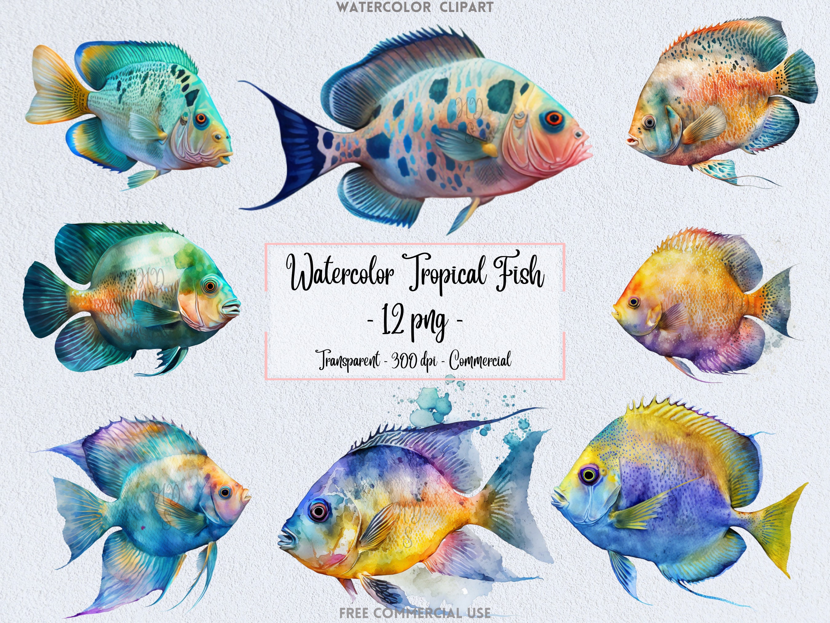 Watercolor Tropical Fish Clipart Pack - 12 PNG - Tropical Fish Clipart ...