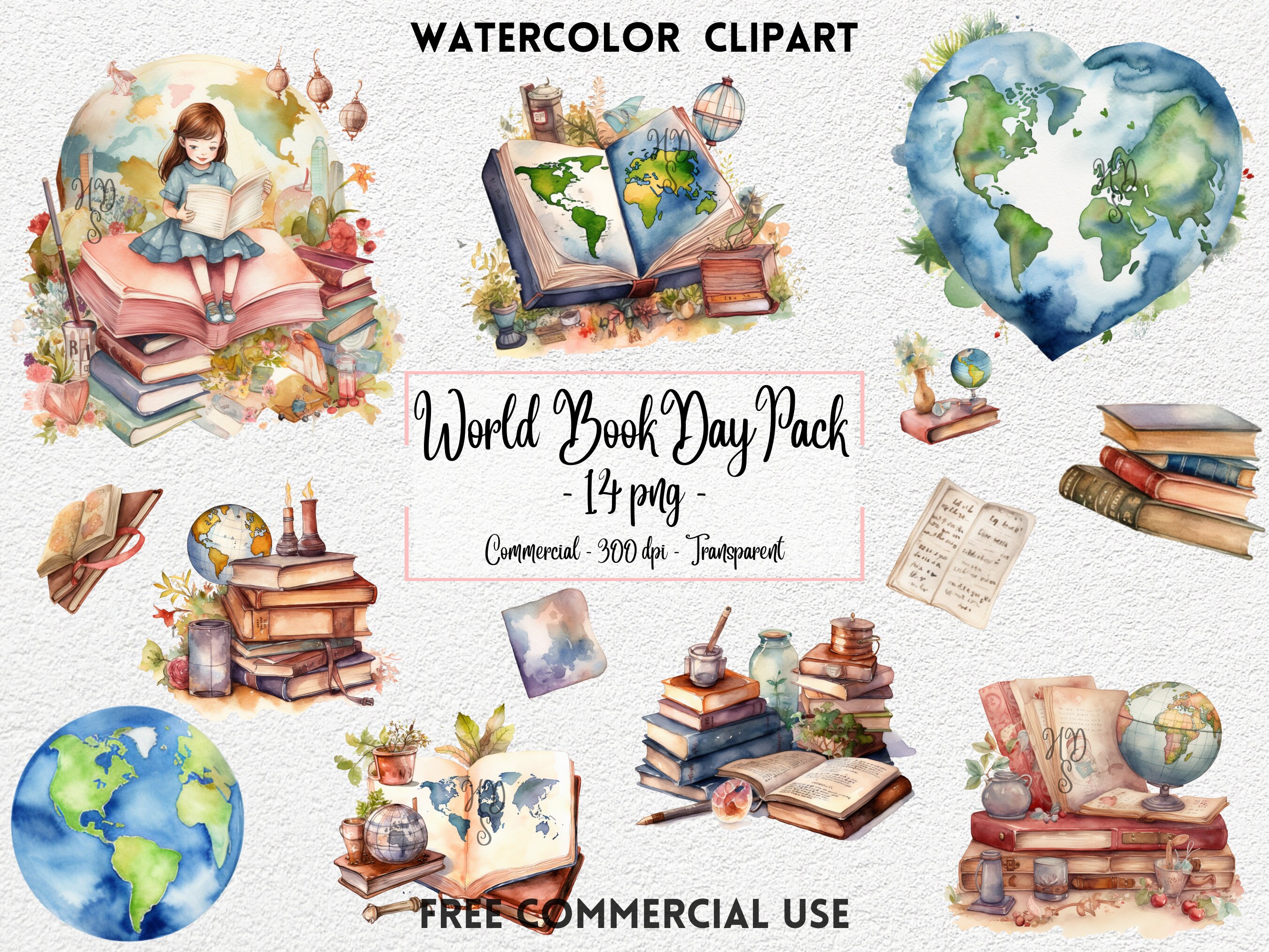 Watercolor World Book Day Clipart Pack 14 Png Watercolor Book Clipart ...
